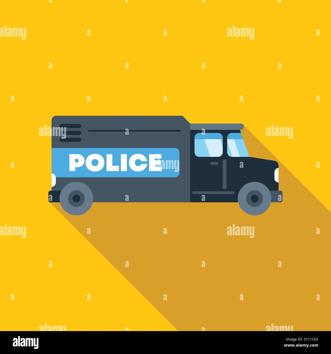 Black police van parked on a yellow background, minimalist flat design ...