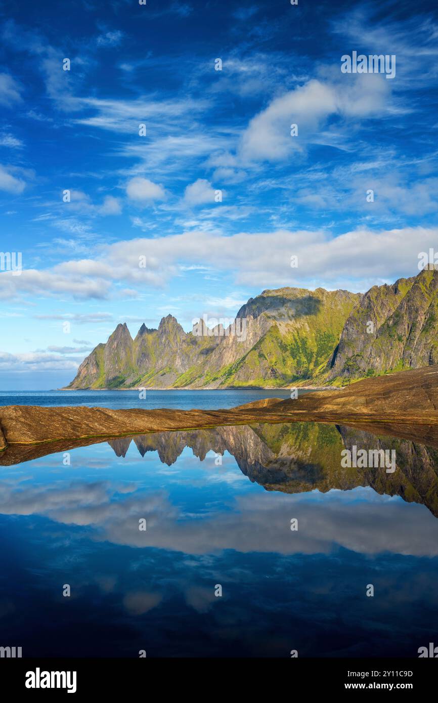 Summer, beach, dragon's teeth, mountains, bay, fjord, Ersfjord, Senja ...