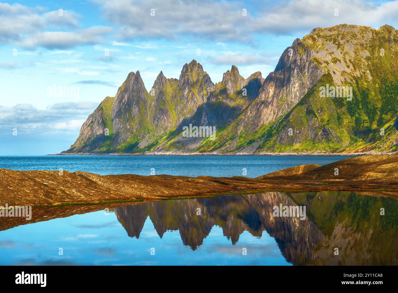 Summer, beach, dragon's teeth, mountains, bay, fjord, Ersfjord, Senja ...