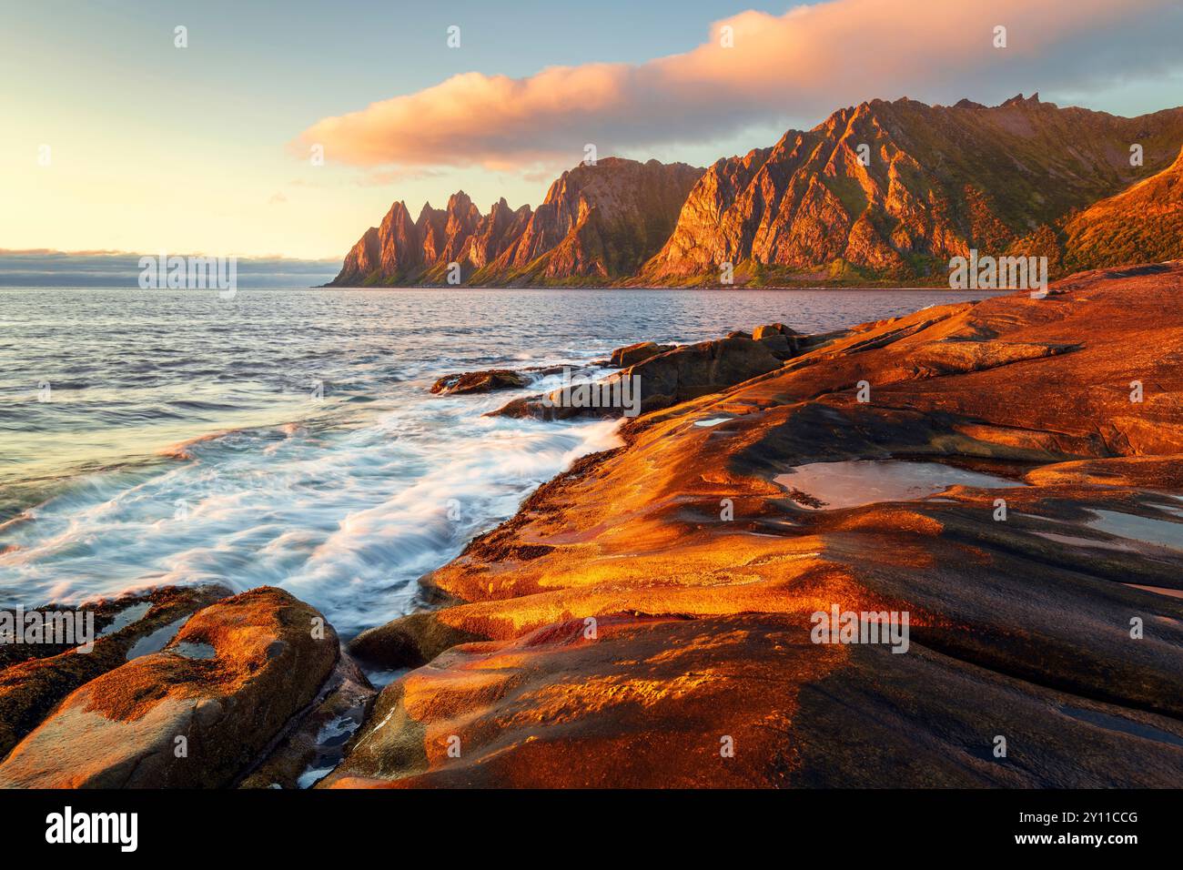 Summer, beach, dragon's teeth, mountains, bay, fjord, Ersfjord, Senja ...