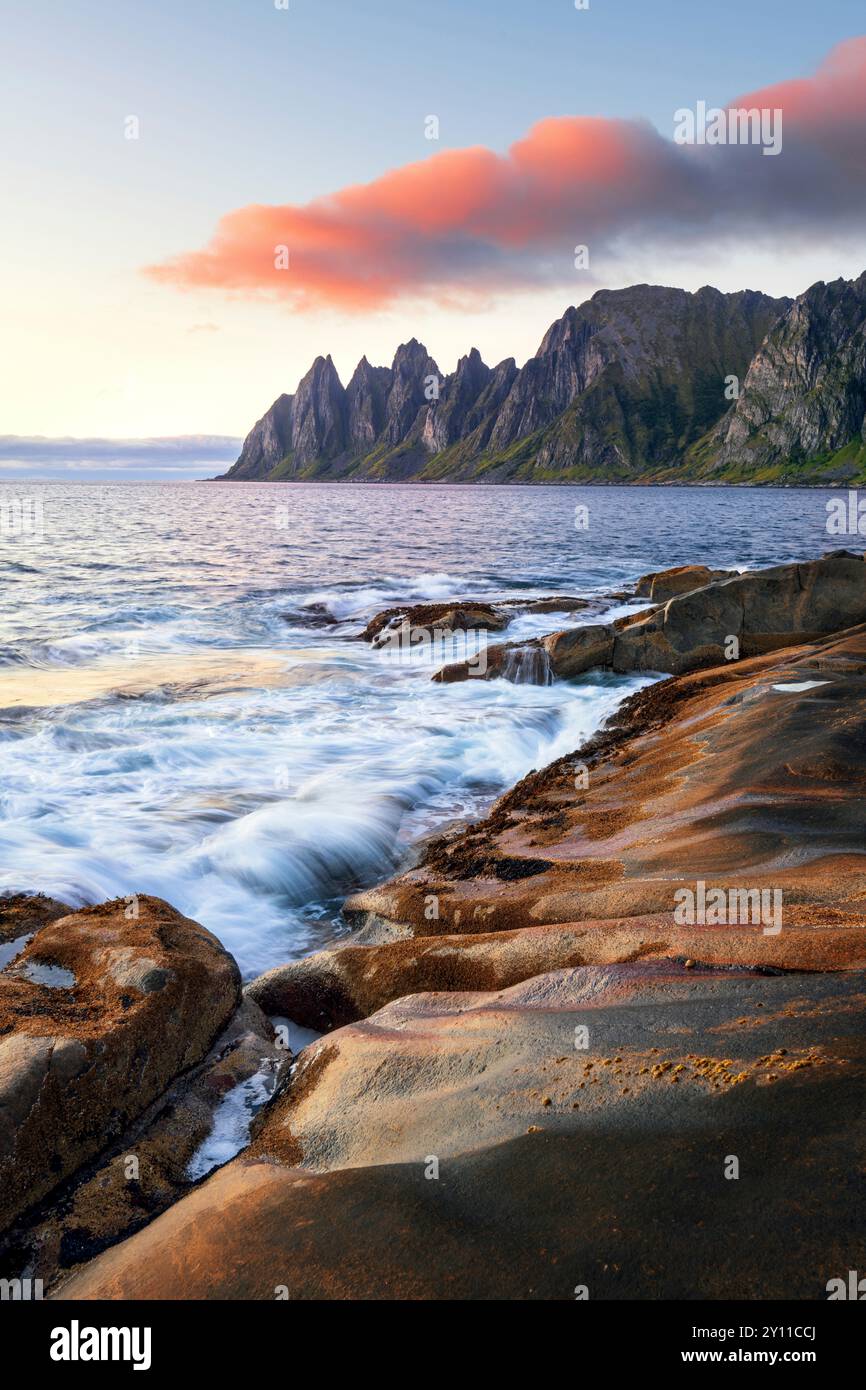 Summer, beach, dragon's teeth, mountains, bay, fjord, Ersfjord, Senja ...