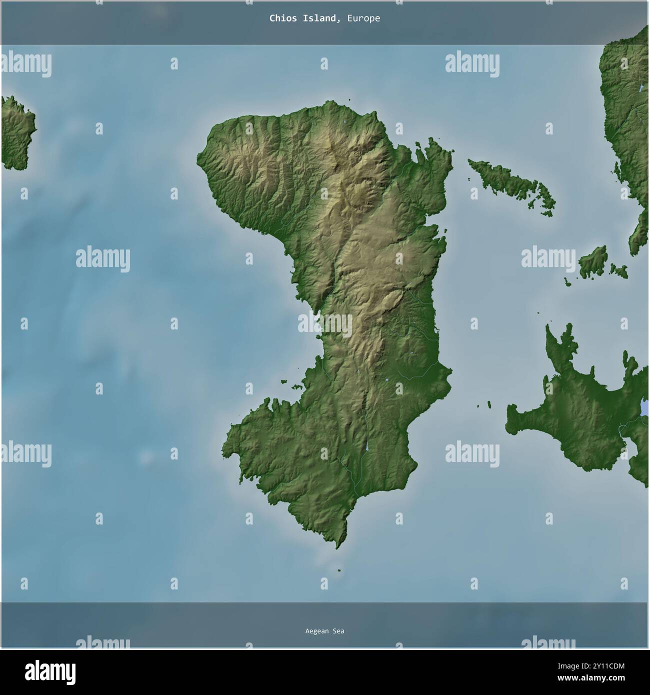 Chios Island in the Aegean Sea, belonging to Greece, cropped to square on a colored elevation ...