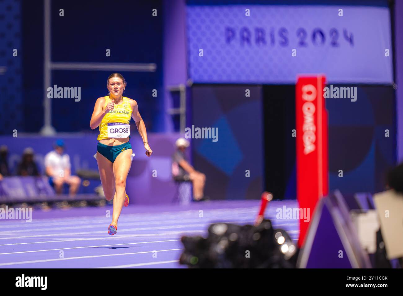 Mia Gross participating in the 100 meters at the Paris 2024 Olympic ...