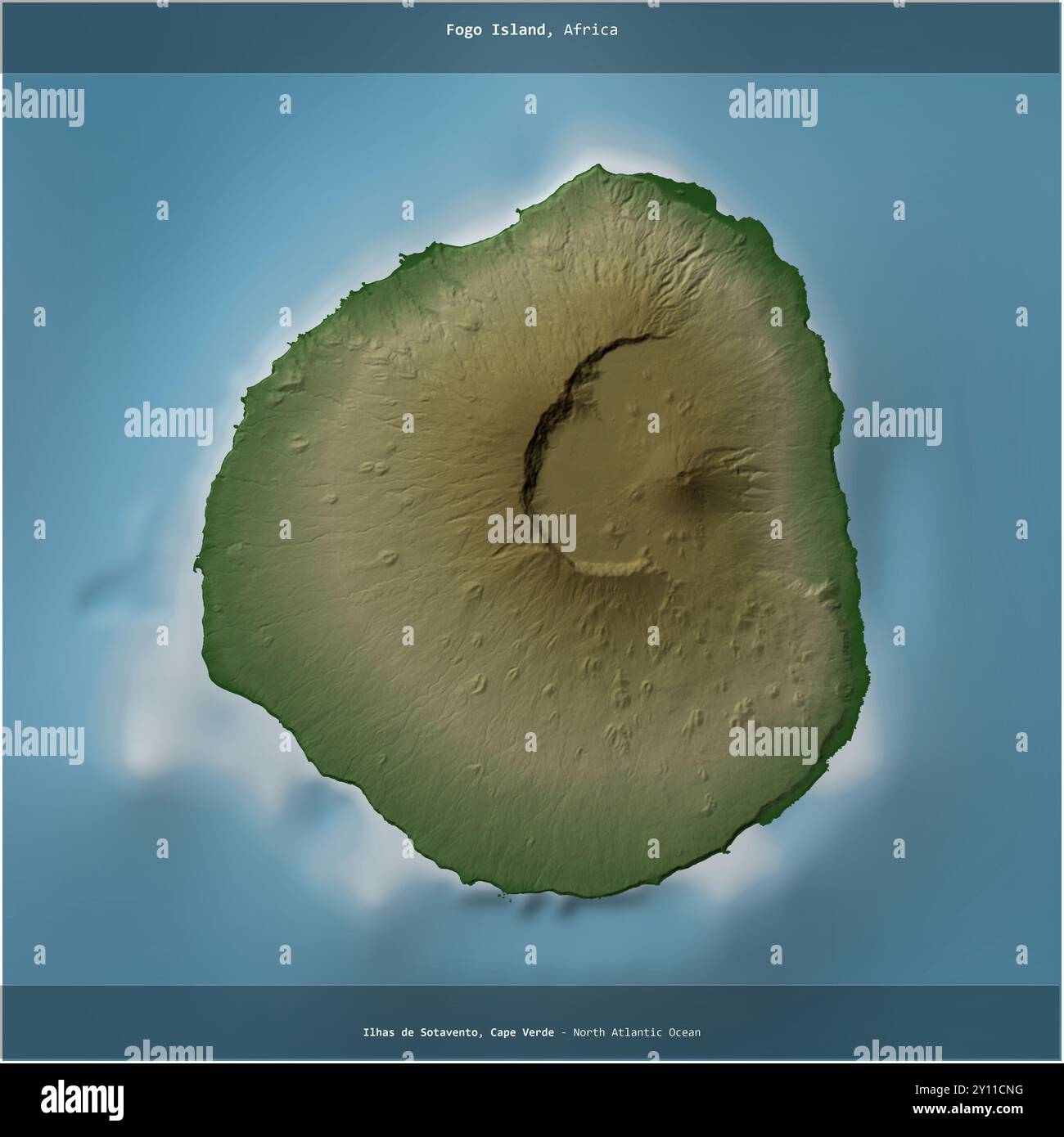 Fogo Island in the North Atlantic Ocean, belonging to Cape Verde, cropped to square on a colored ...