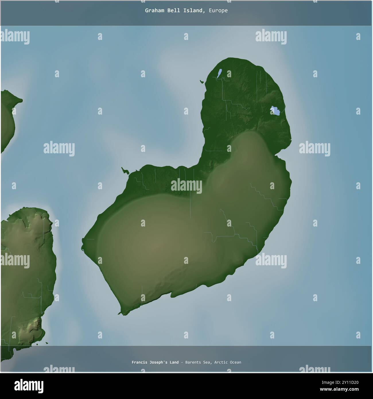 Graham Bell Island in the Barents Sea, belonging to Russia, cropped to square on a colored ...