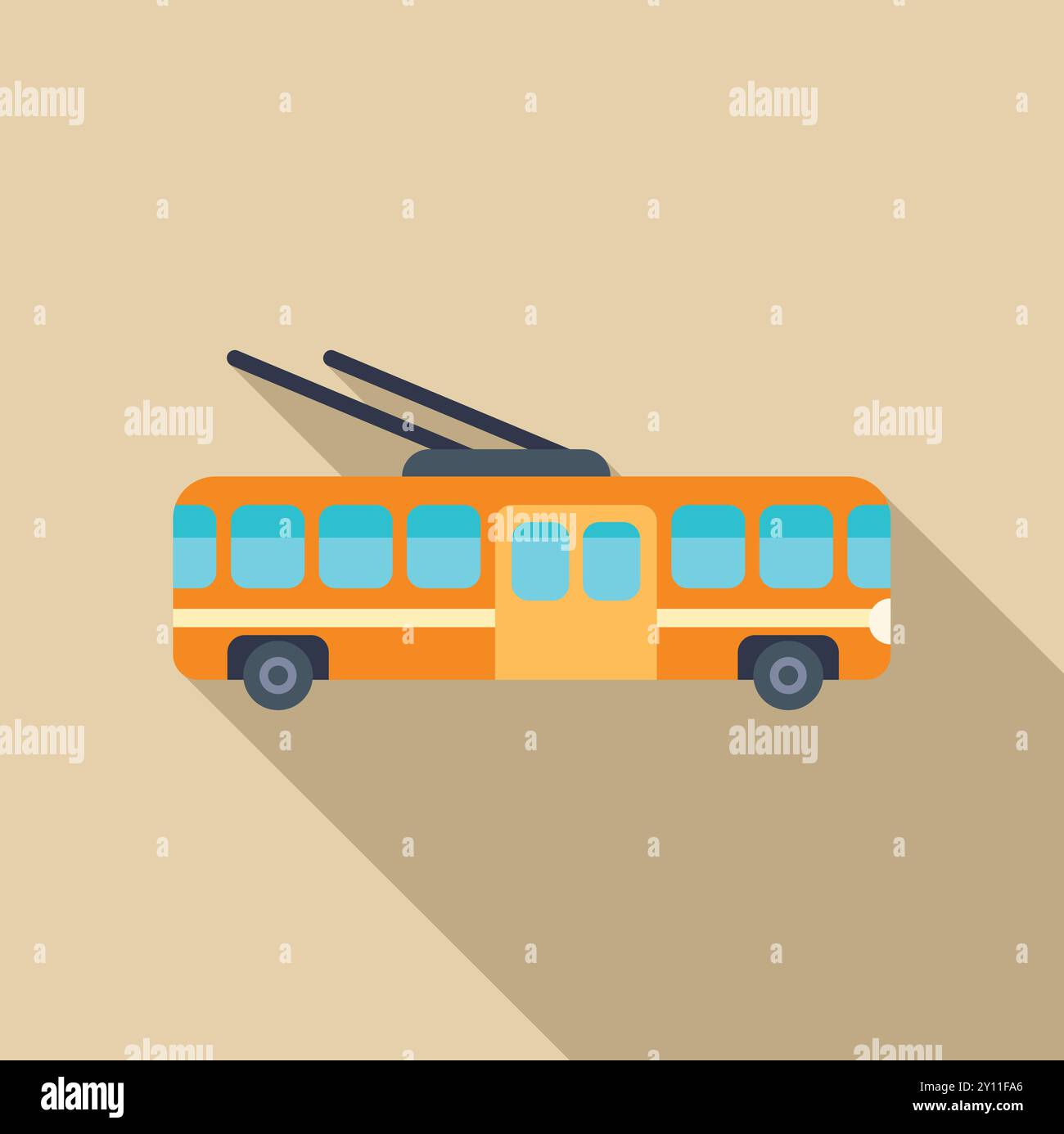 Orange trolleybus driving down the street, side view with long shadow ...