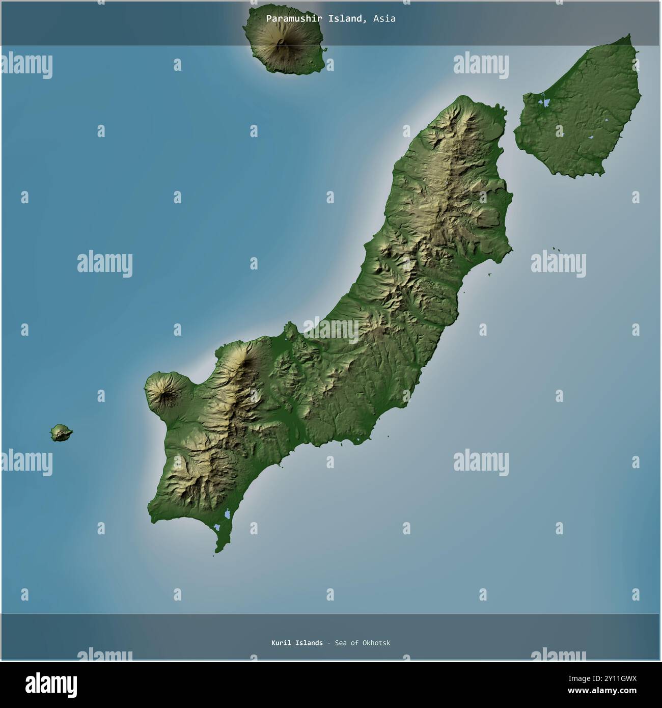 Paramushir Island in the Sea of Okhotsk, belonging to Russia, cropped ...