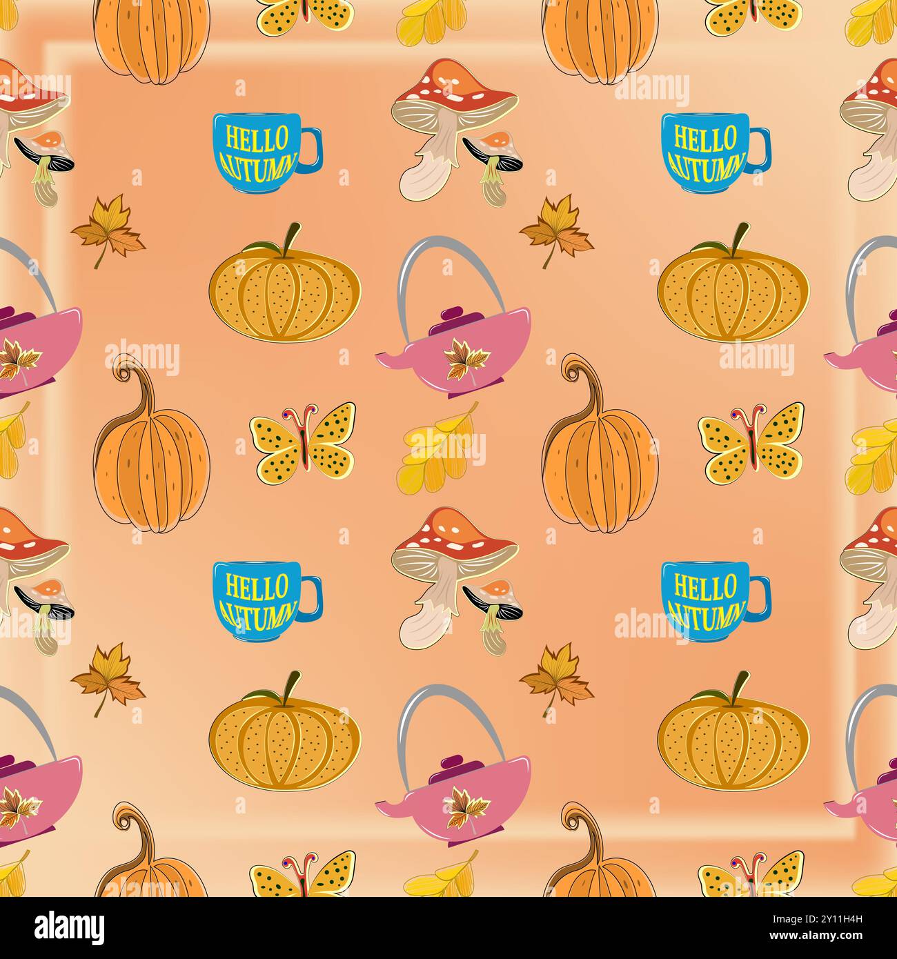 This charming seamless pattern captures the essence of autumn with a playful array of seasonal ...