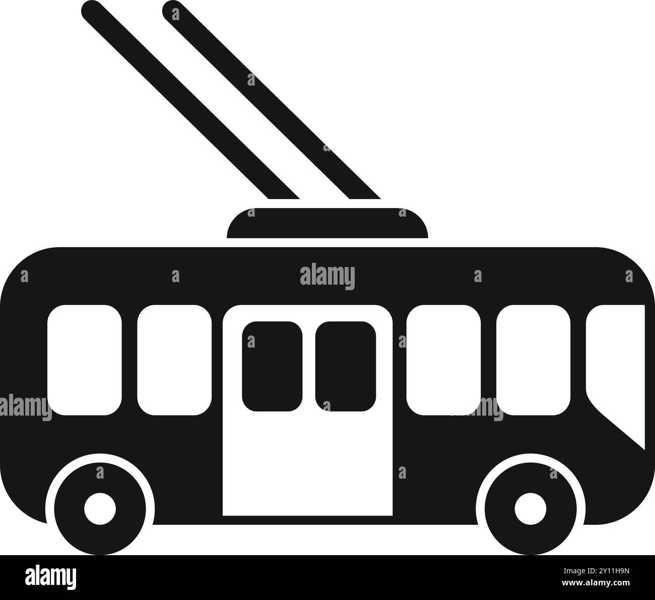 This simple black and white vector icon represents a trolleybus, an ...