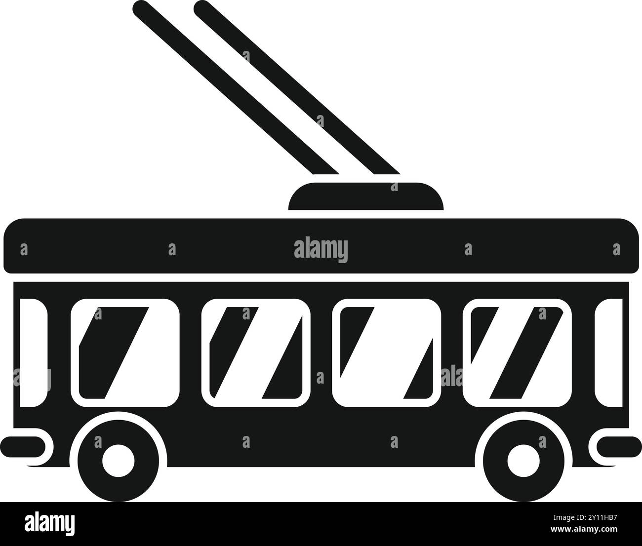 Trolleybus with pantograph moving on road side view icon in simple ...