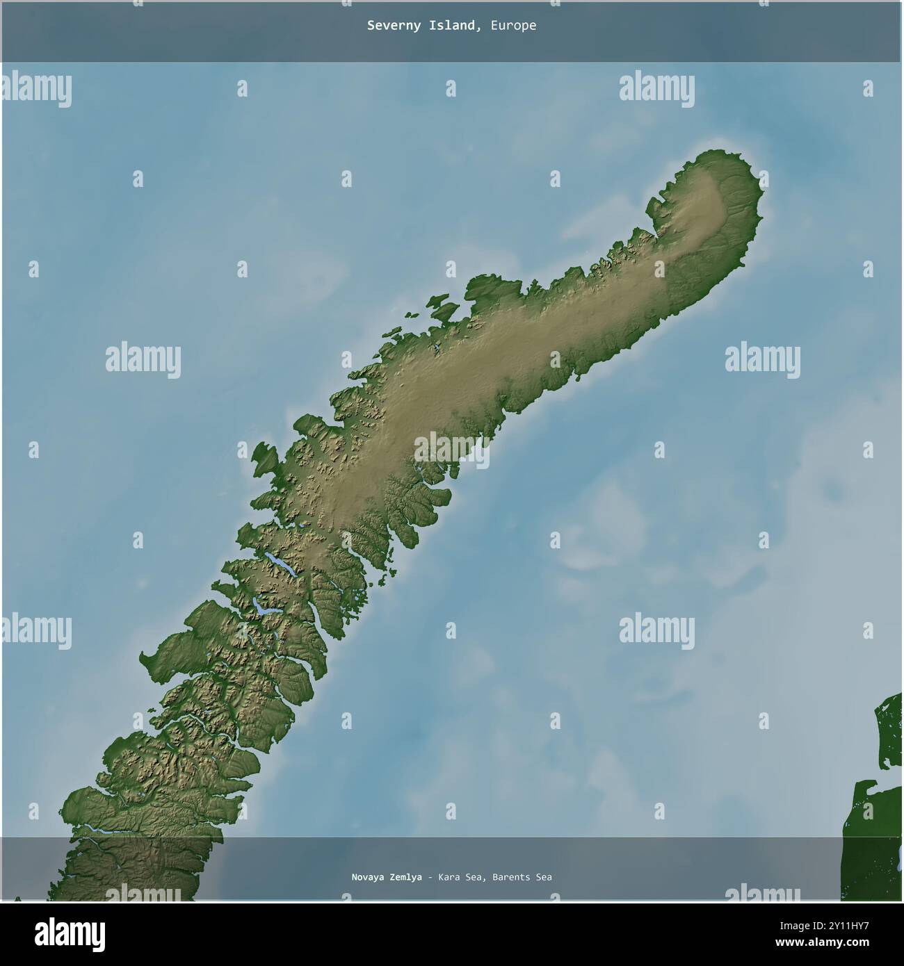 Severny Island in the Kara Sea, belonging to Russia, cropped to square on a colored elevation ...