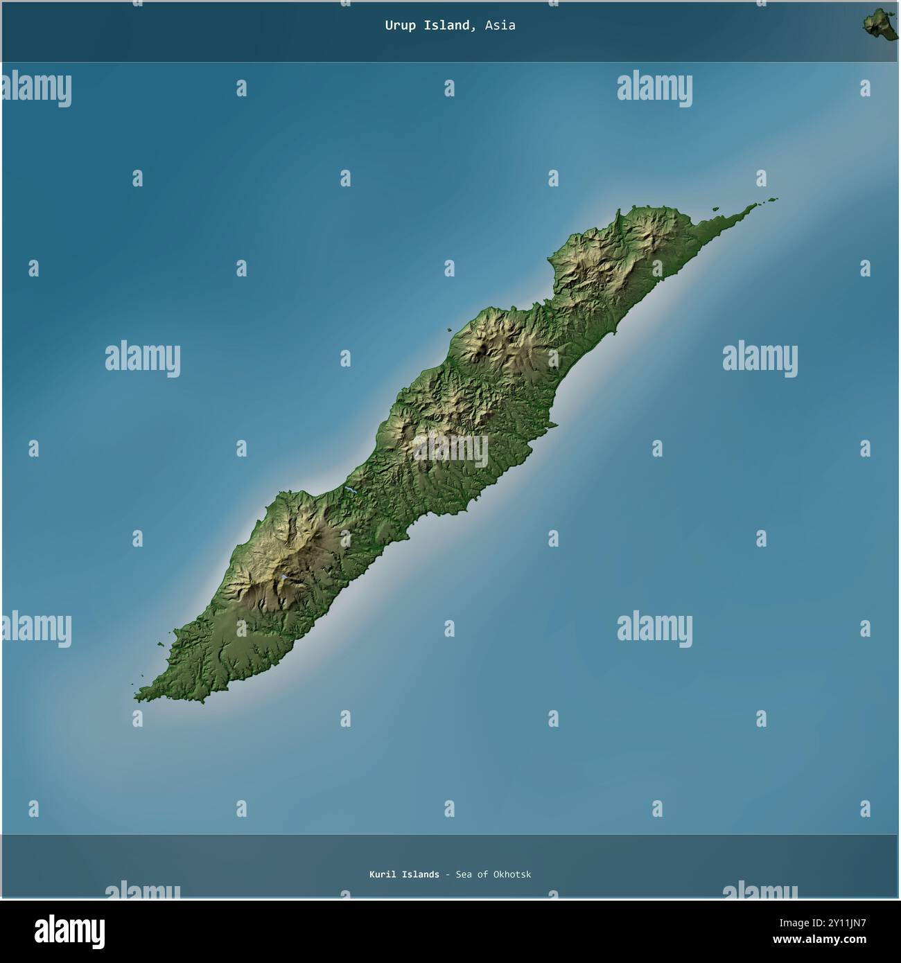 Urup Island in the Sea of Okhotsk, belonging to Russia, cropped to ...