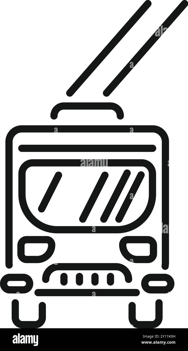 Simple line art icon of a trolleybus driving with its trolley poles connected to the wires above ...