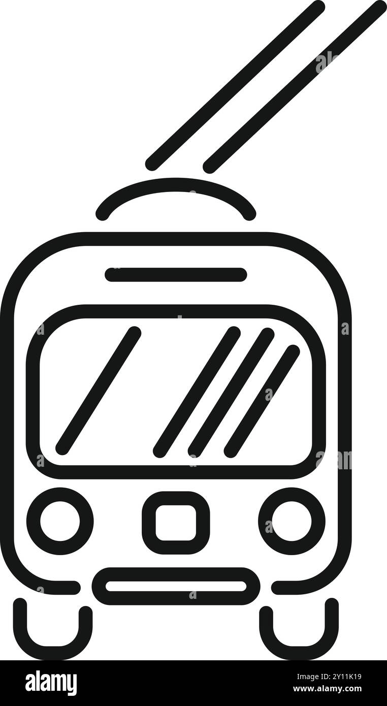 Simple black and white line icon of an electric trolleybus driving ...