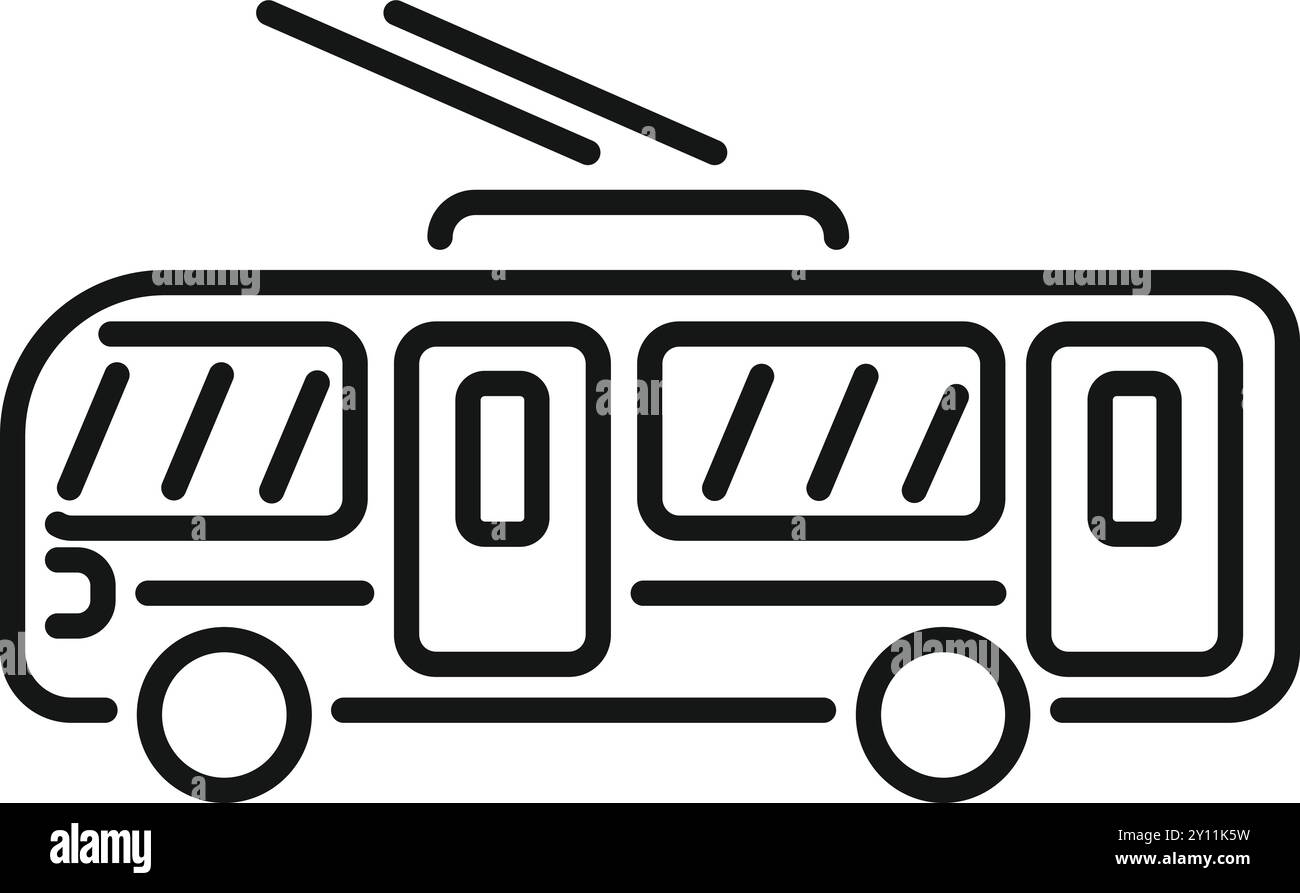 Trolleybus moving through city streets, urban electric transport line icon, outline vector sign ...