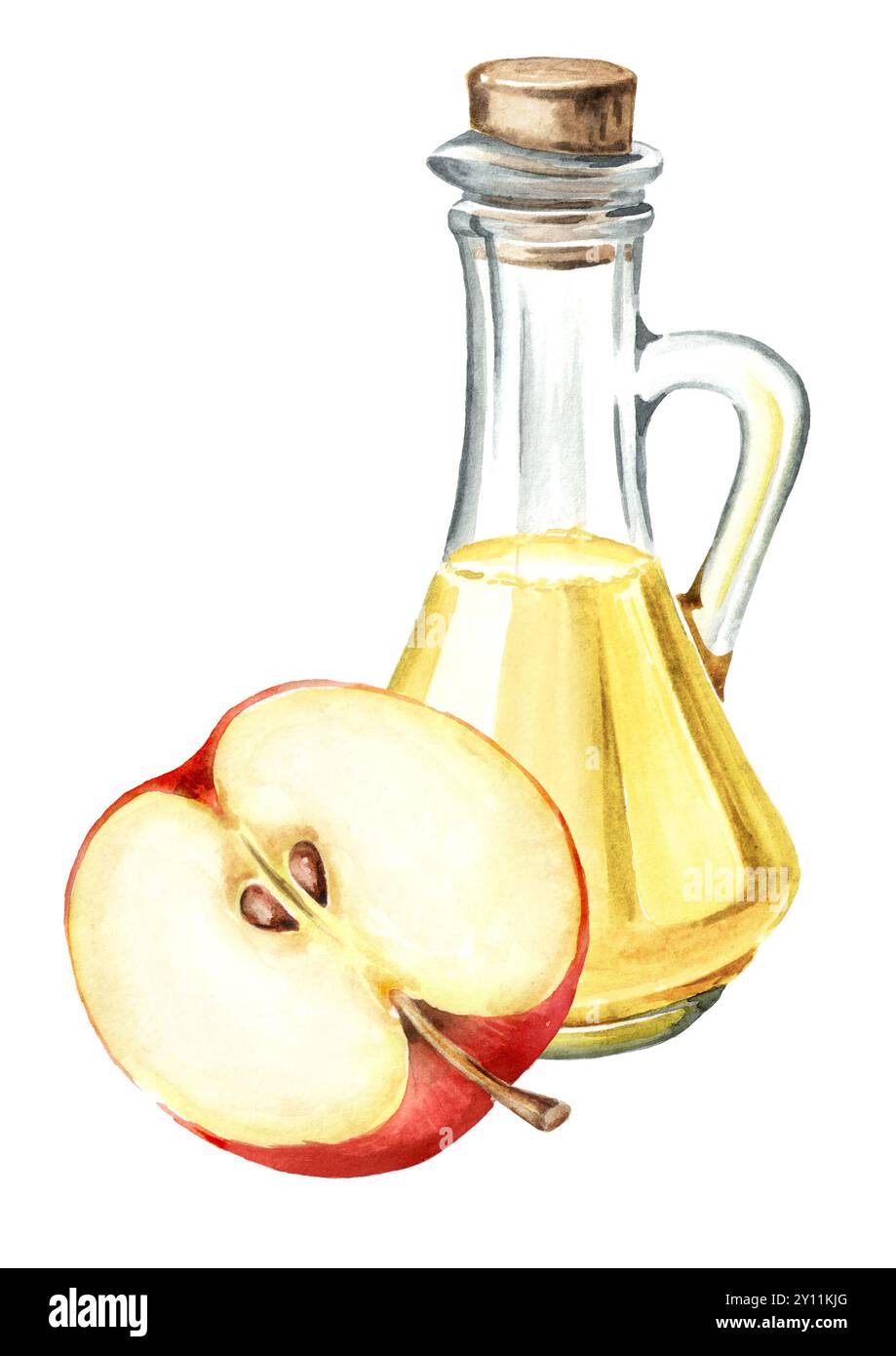 Jug of fresh apple cider vinegar in glass decanter bottle. Hand drawn ...