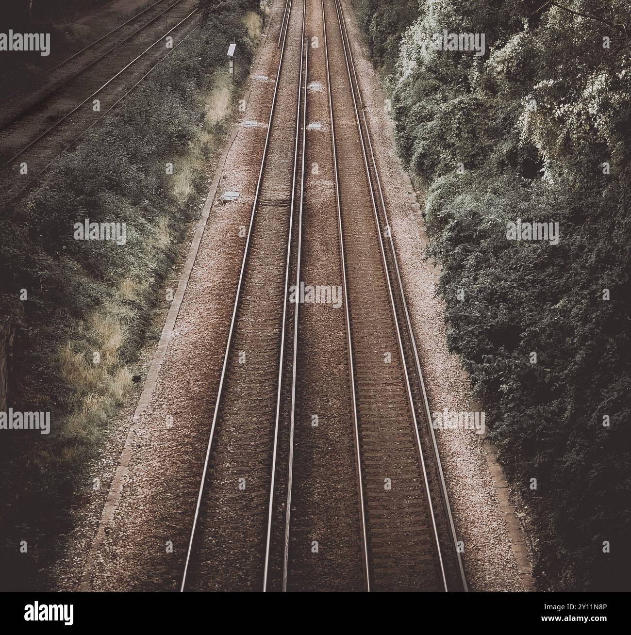 Railway double tracks in the countryside for a dark background ...