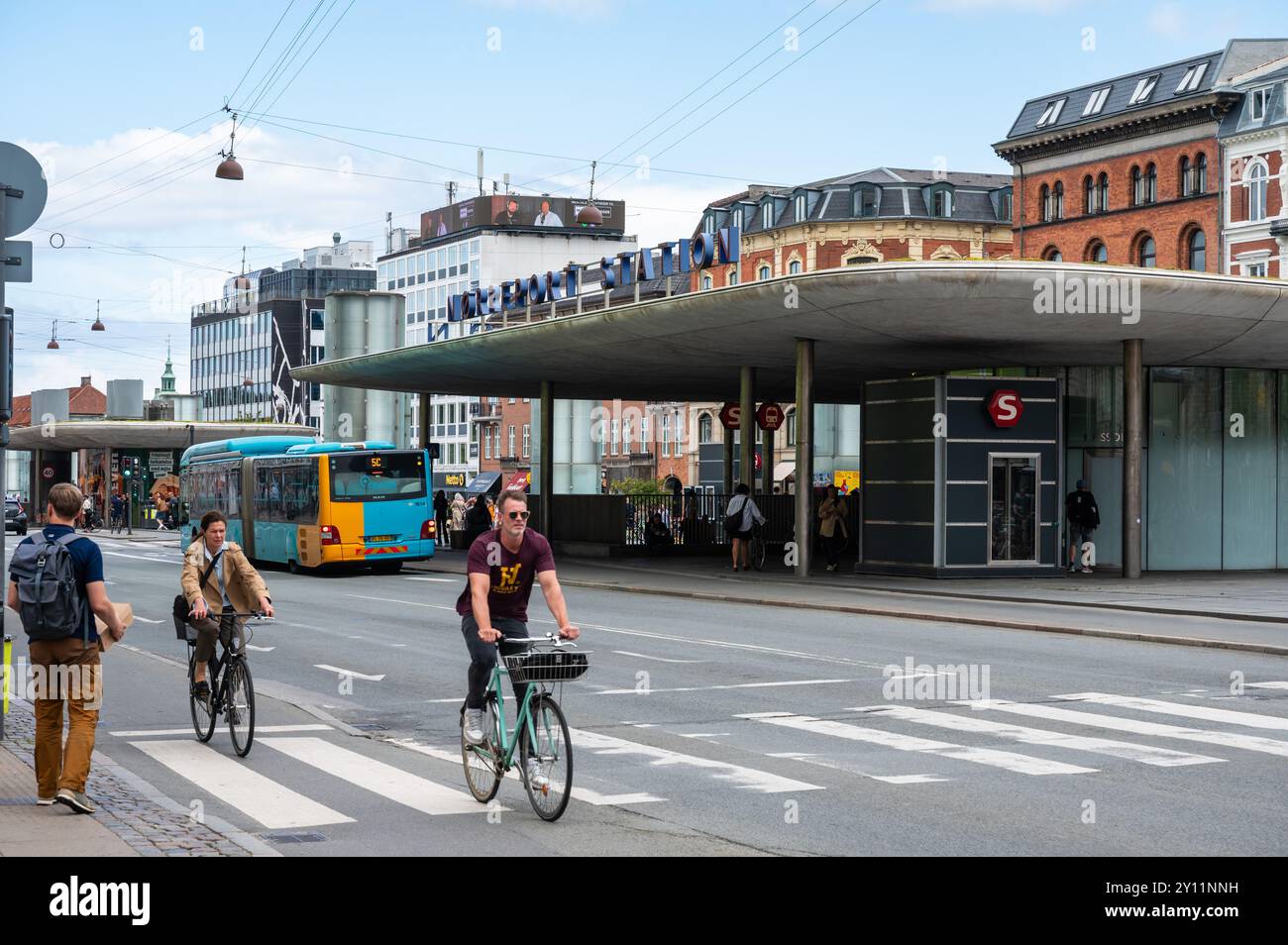 Copenhagen, Denmark, July 24, 2024 - Busses and cyclists at the ...