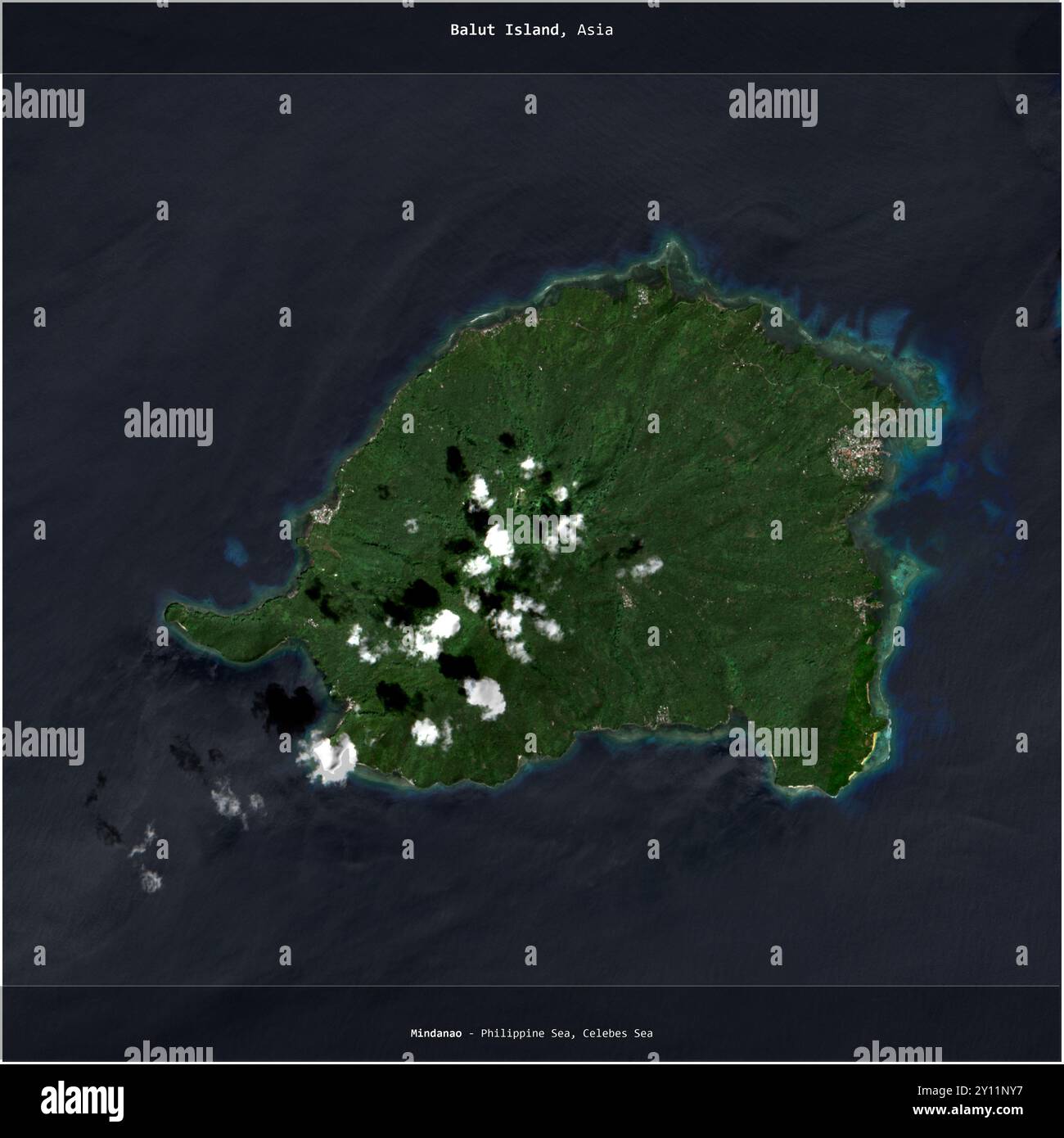 Balut Island in the Celebes Sea, belonging to Philippines, cropped to square on a satellite ...