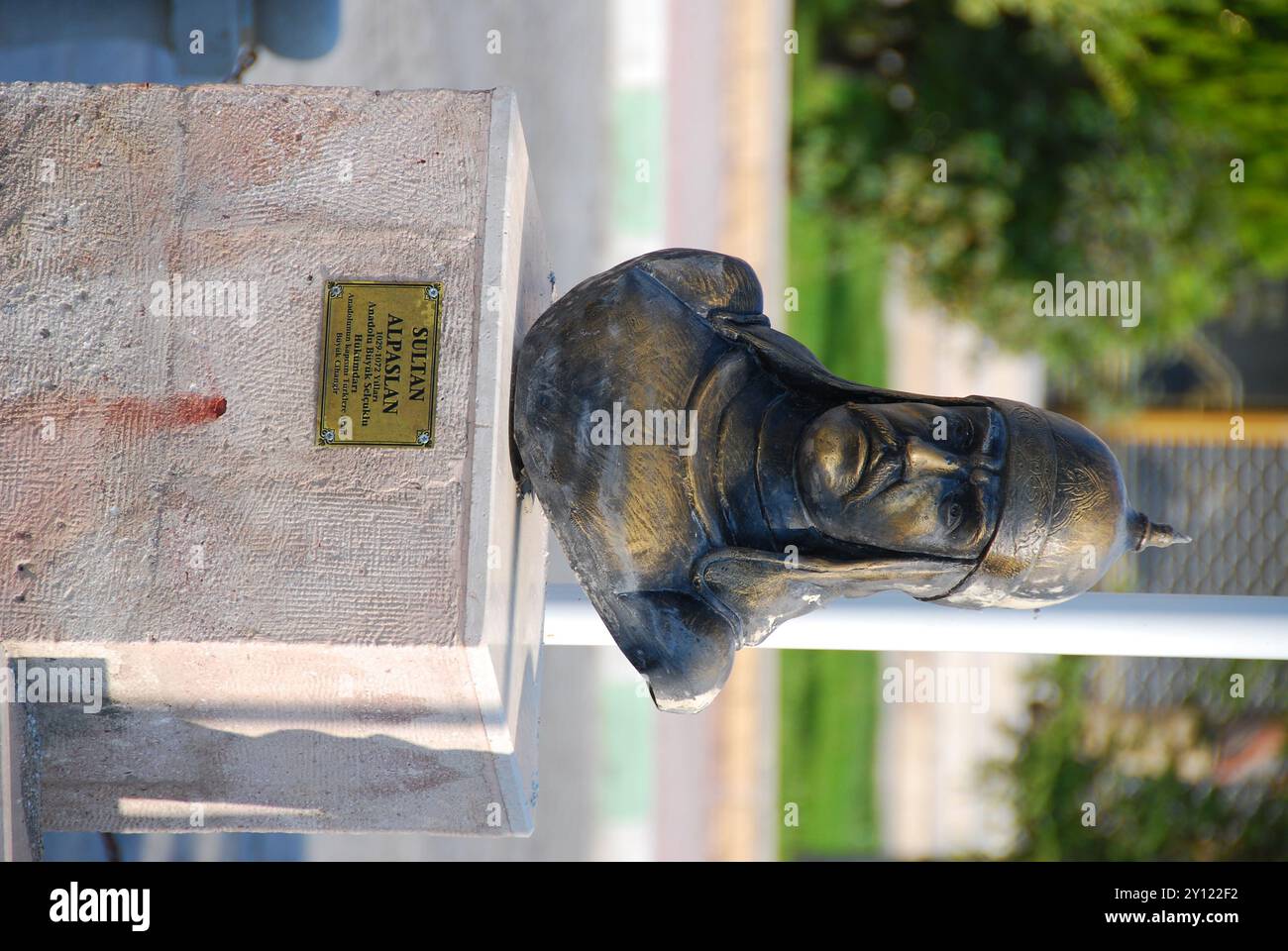 Sultanhani, Selçuk, Turkey. 09.16.09: Bronze bust of Sultan Alpaslan ...