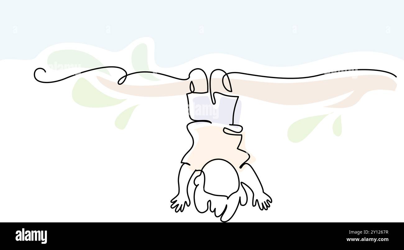 Happy little child hanging upside down on tree branch. Continuous one ...