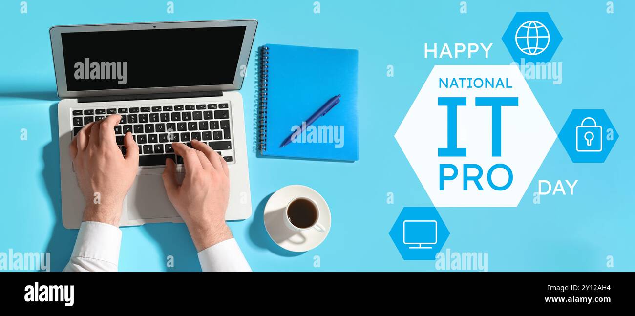 Banner for Happy National IT Professionals Day with male hands using ...