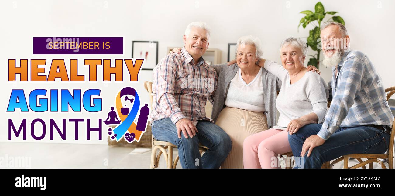Banner for Healthy Aging Month with group of elderly people at home ...