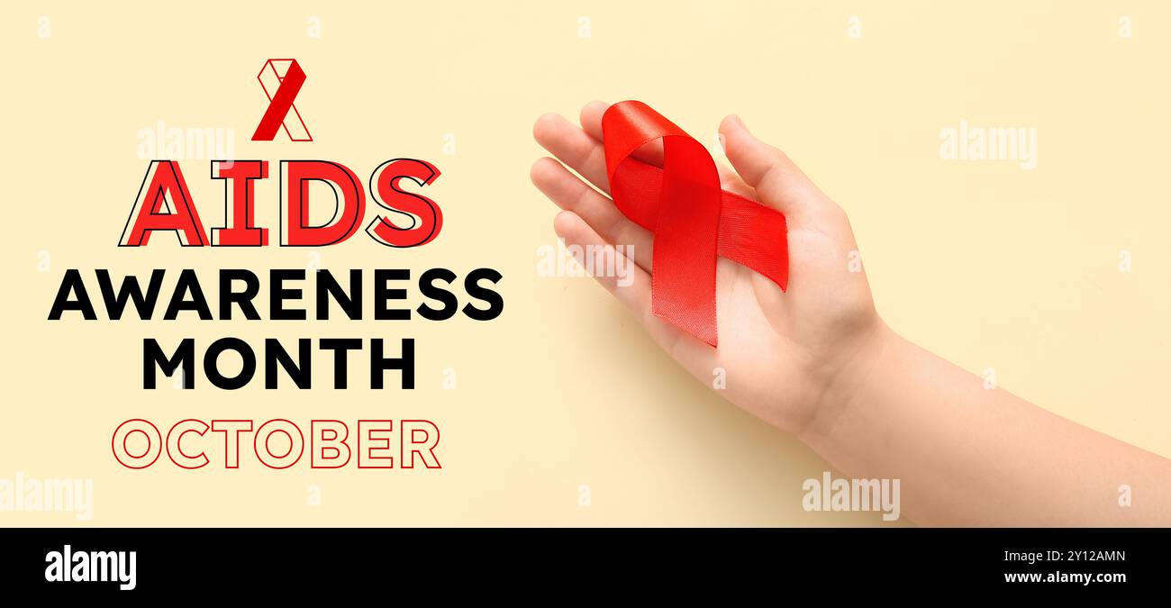 Hand with red ribbon on beige background. Banner for AIDS Awareness ...