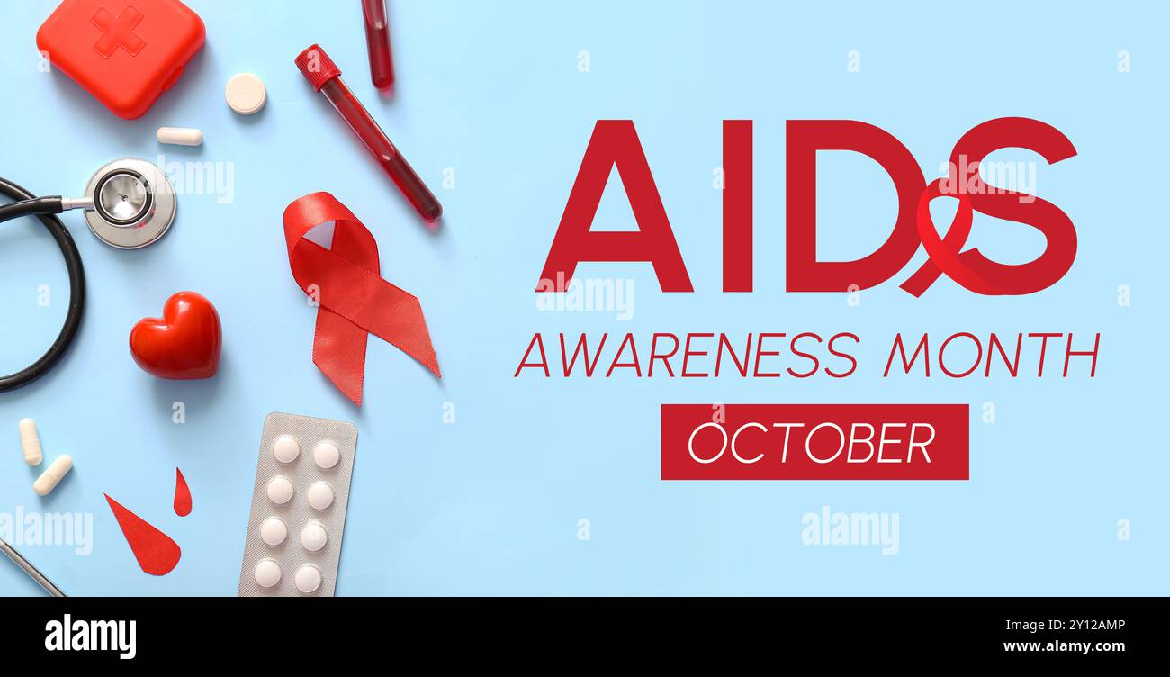 Red ribbon, stethoscope, pills, blood samples and paper drops on light ...