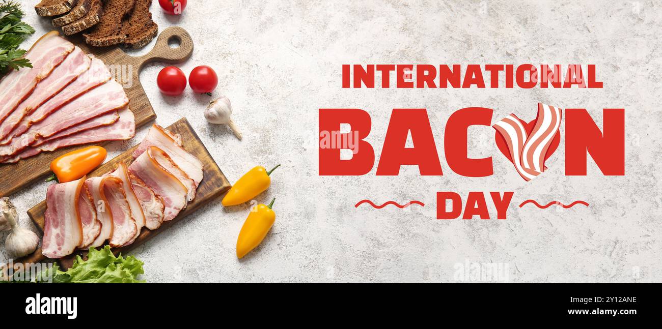 Banner for International Bacon Day with raw pork slices Stock Photo - Alamy
