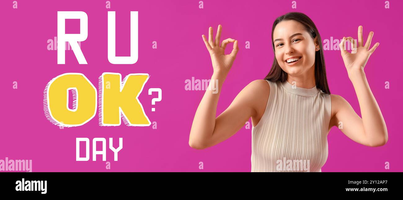 Banner for R U OK Day with young woman on magenta background Stock ...