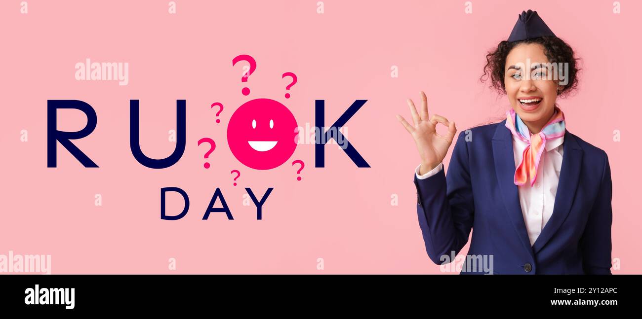 Banner for R U OK Day with young stewardess on pink background Stock ...
