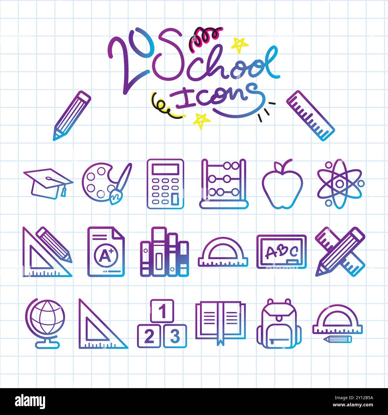 Colorful twenty school icons pack on grid paper Vector Stock Vector ...