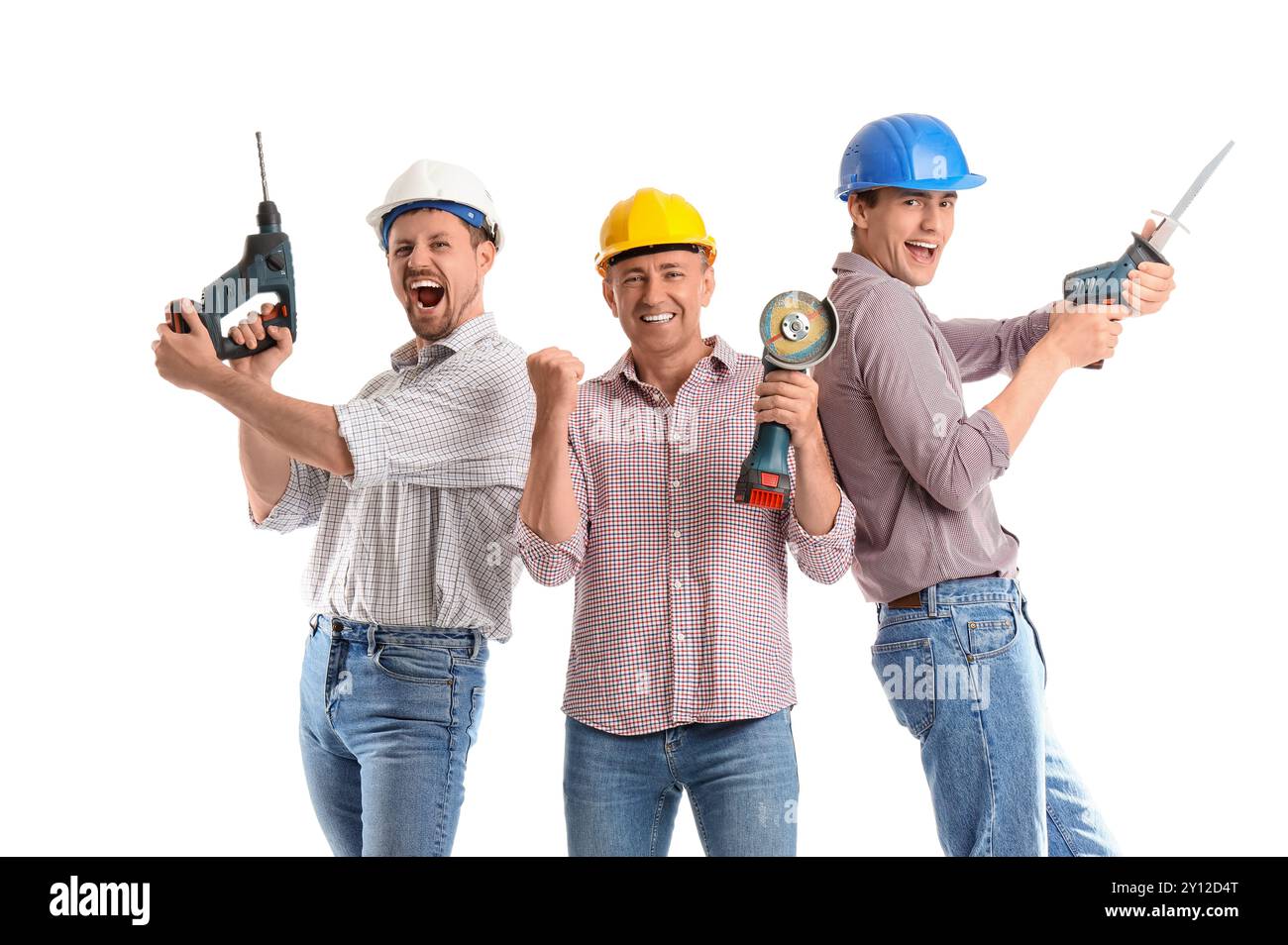 Team of male builders with tools on white background Stock Photo - Alamy