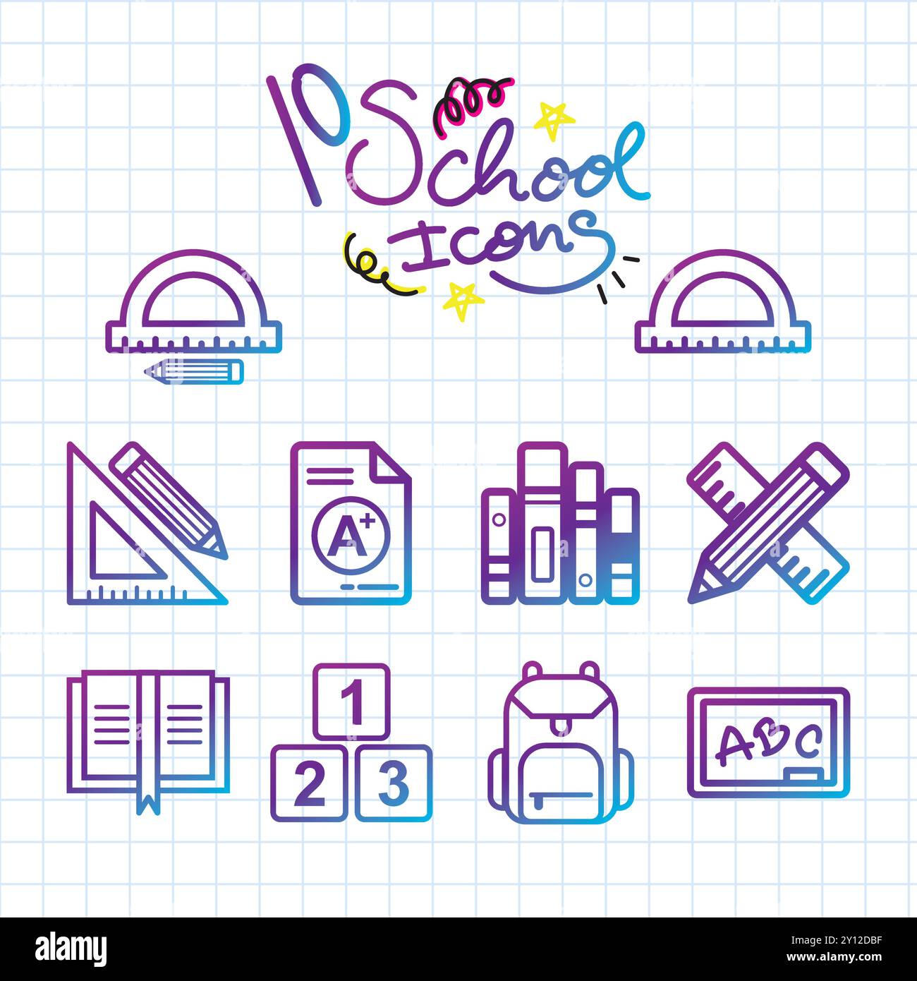 Colorful ten school icons collection on grid paper Vector Stock Vector ...