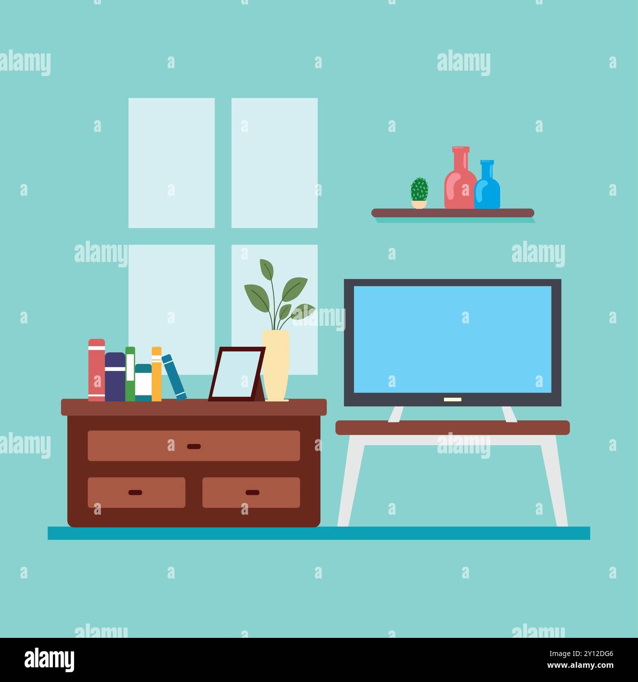 Modern living room with TV and bookshelf decor Vector Stock Vector ...