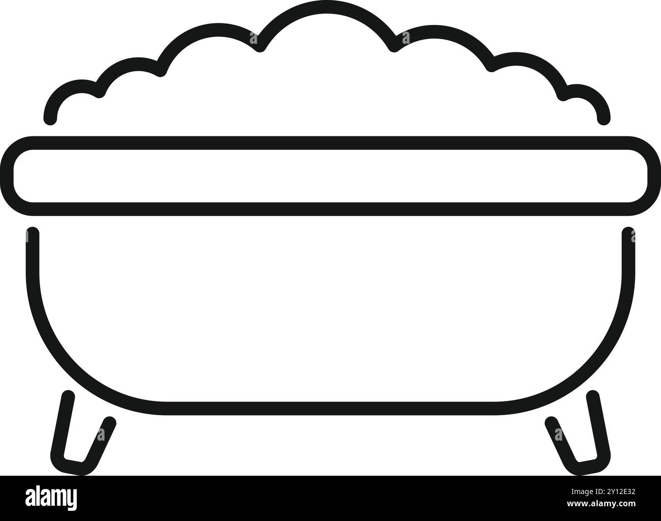 Simple outline icon of a bathtub full of water with foam bubbles, side ...