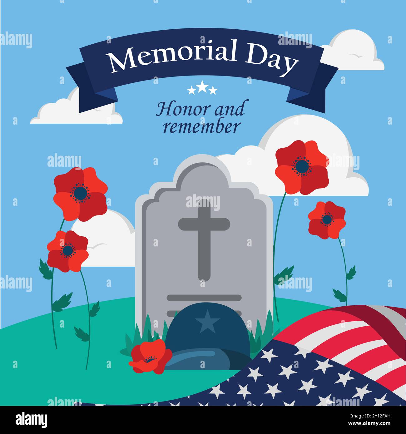 Memorial Day tombstone with poppies and American flag Vector Stock ...