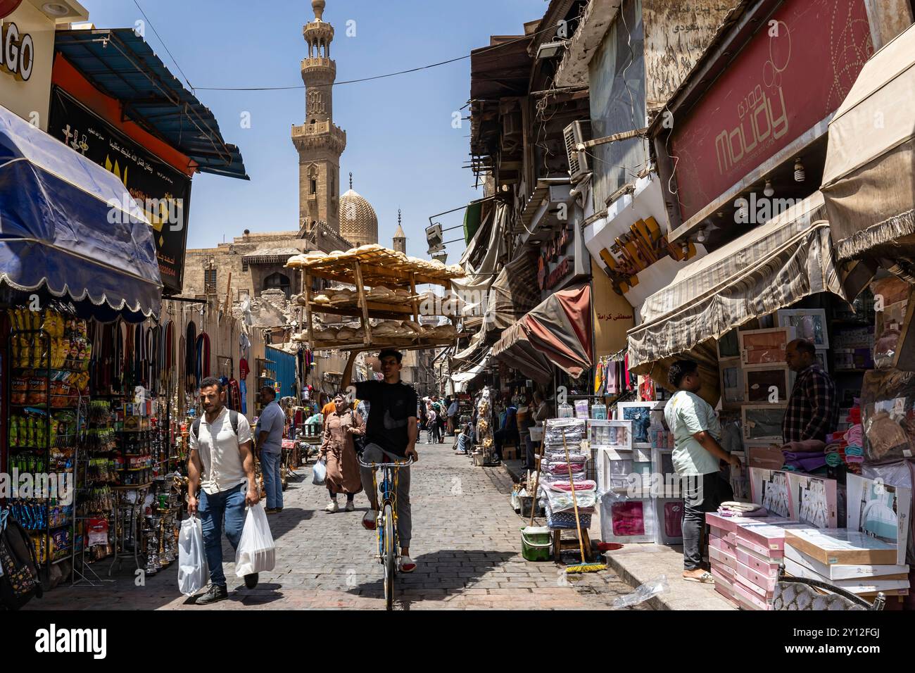 Khan al Khalili bazaar, main streetand minaret of mosque, Islamic area ...