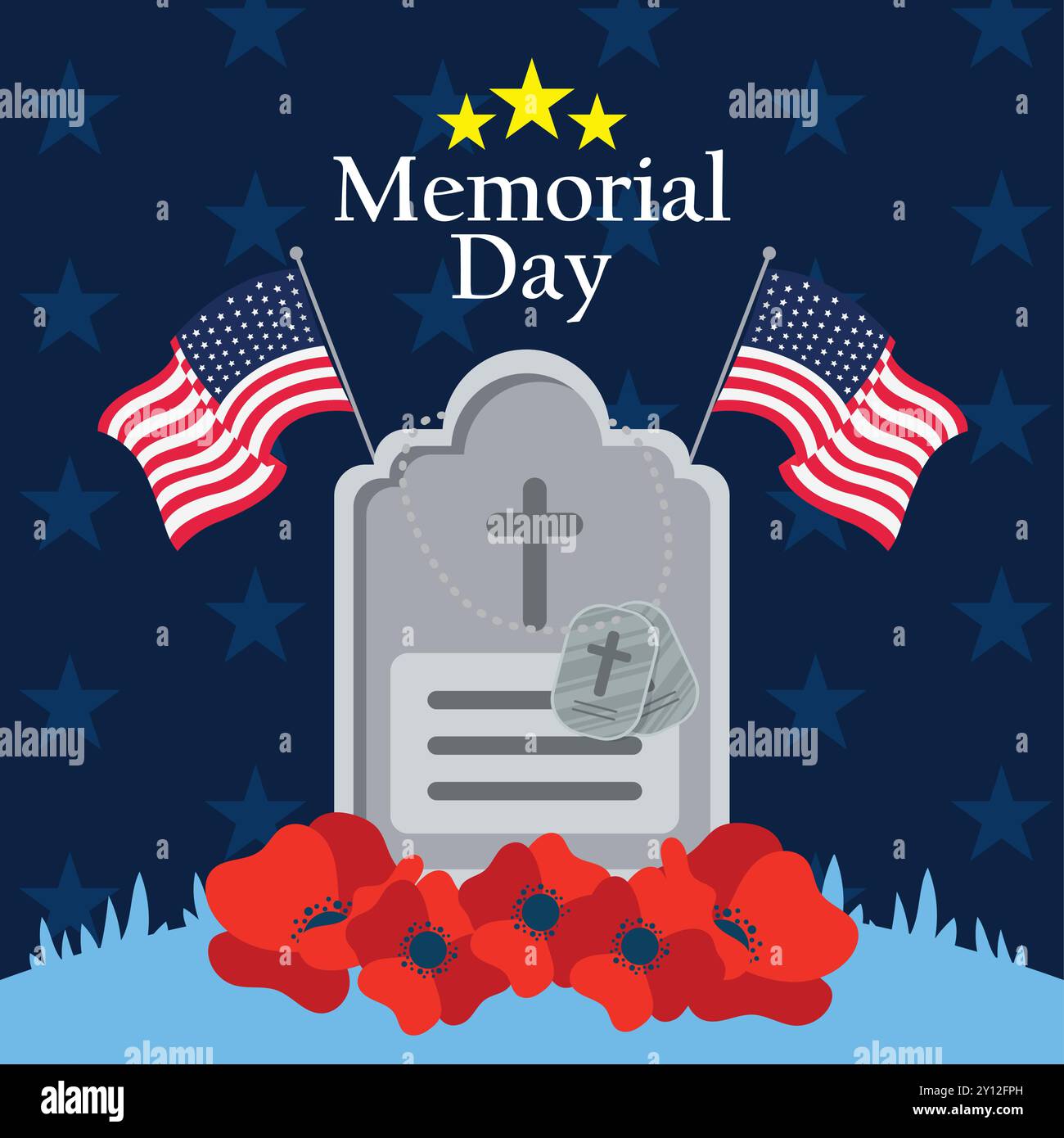 Memorial Day tombstone with poppies and American flag Vector Stock ...