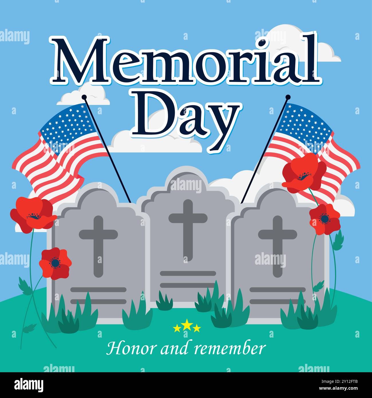 Memorial Day tombstones with poppies and American flag Vector Stock ...