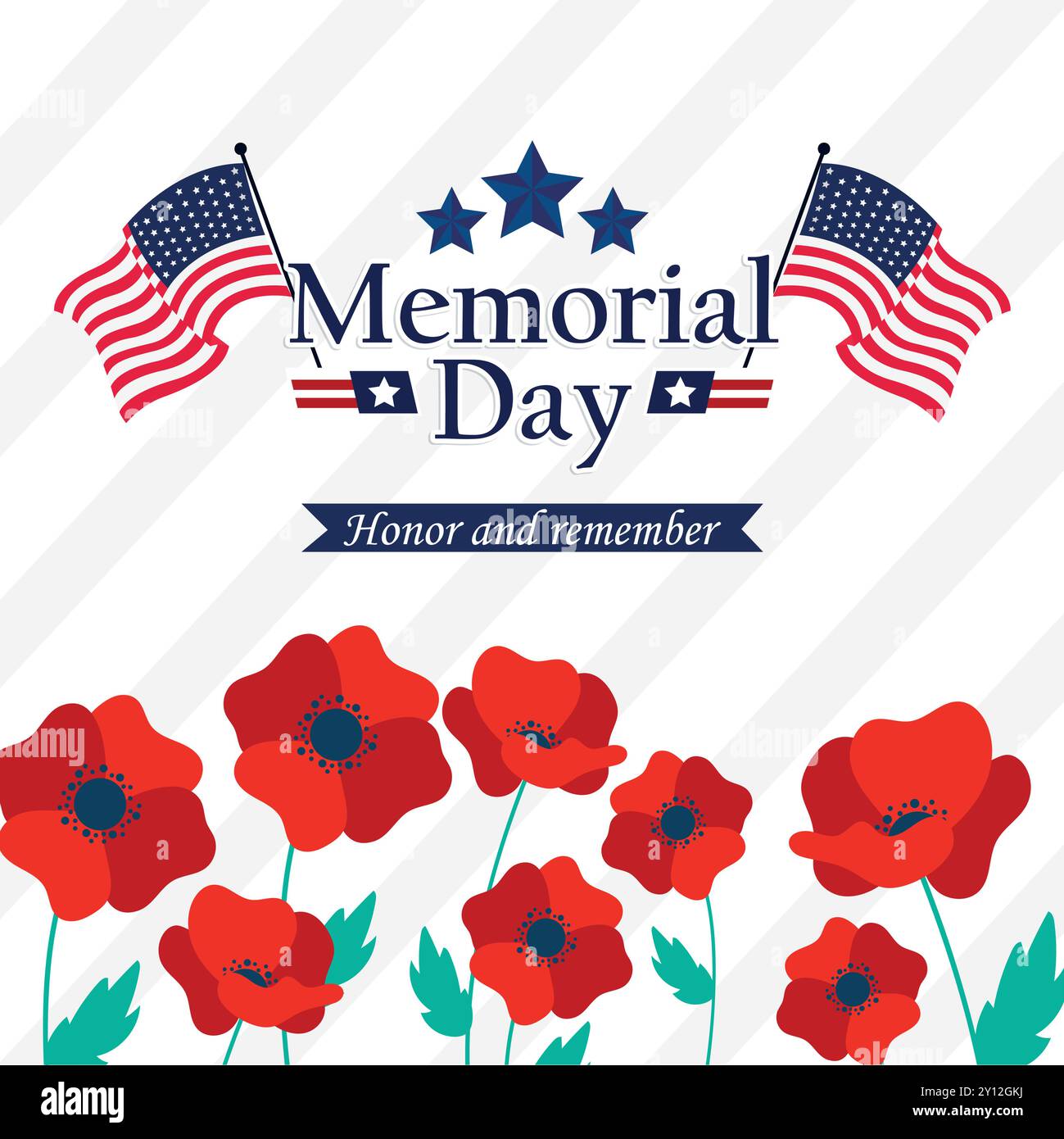 Memorial Day poppies and American flags with stars in flat style Vector ...