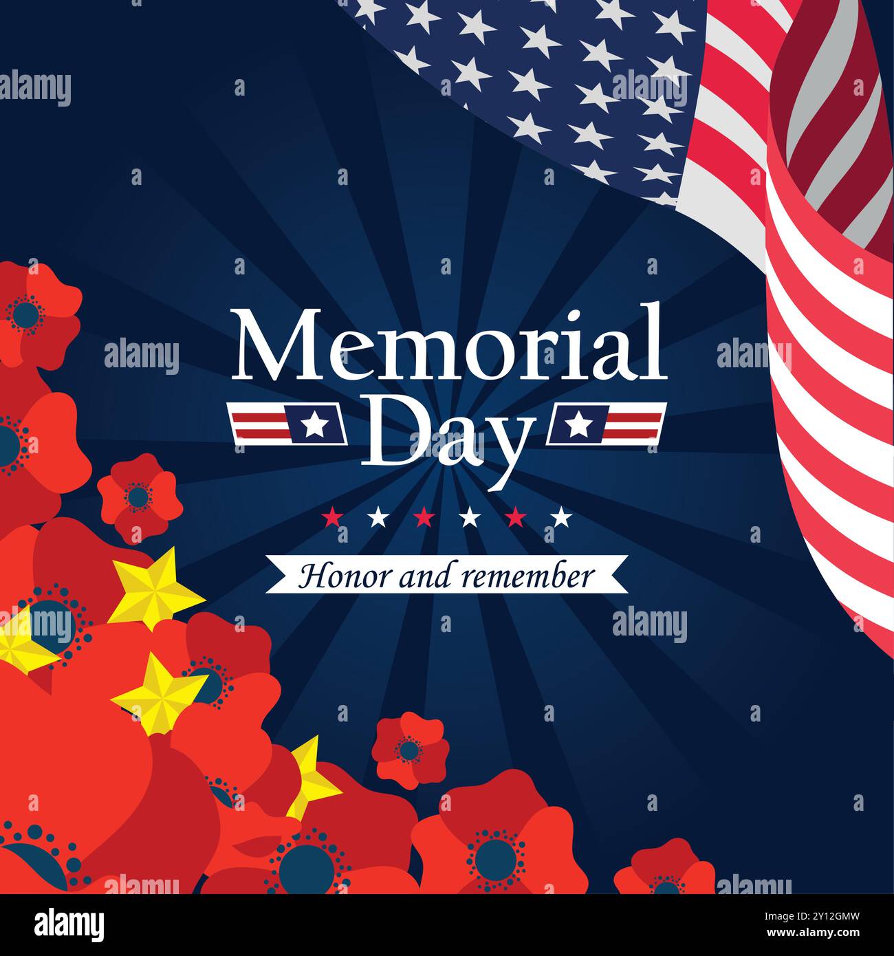 Memorial Day poppies and American flag in flat style Vector ...