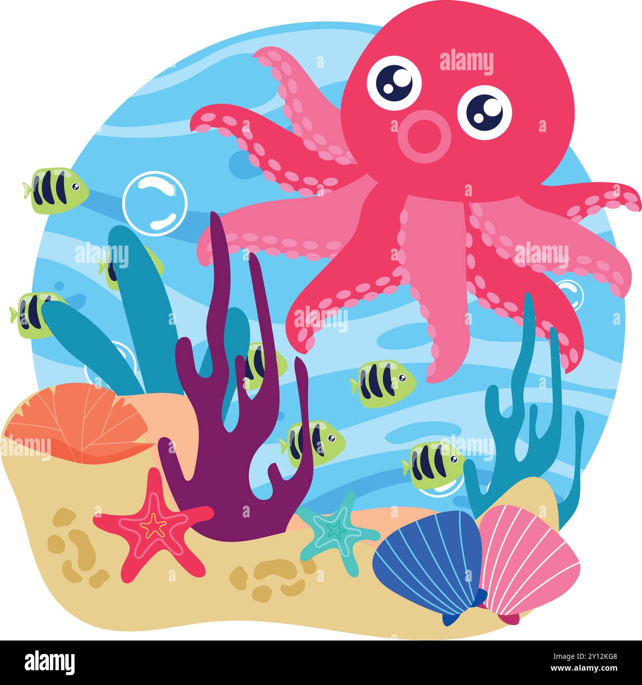 Cute octopus with sea creatures in ocean scene Vector Stock Vector ...