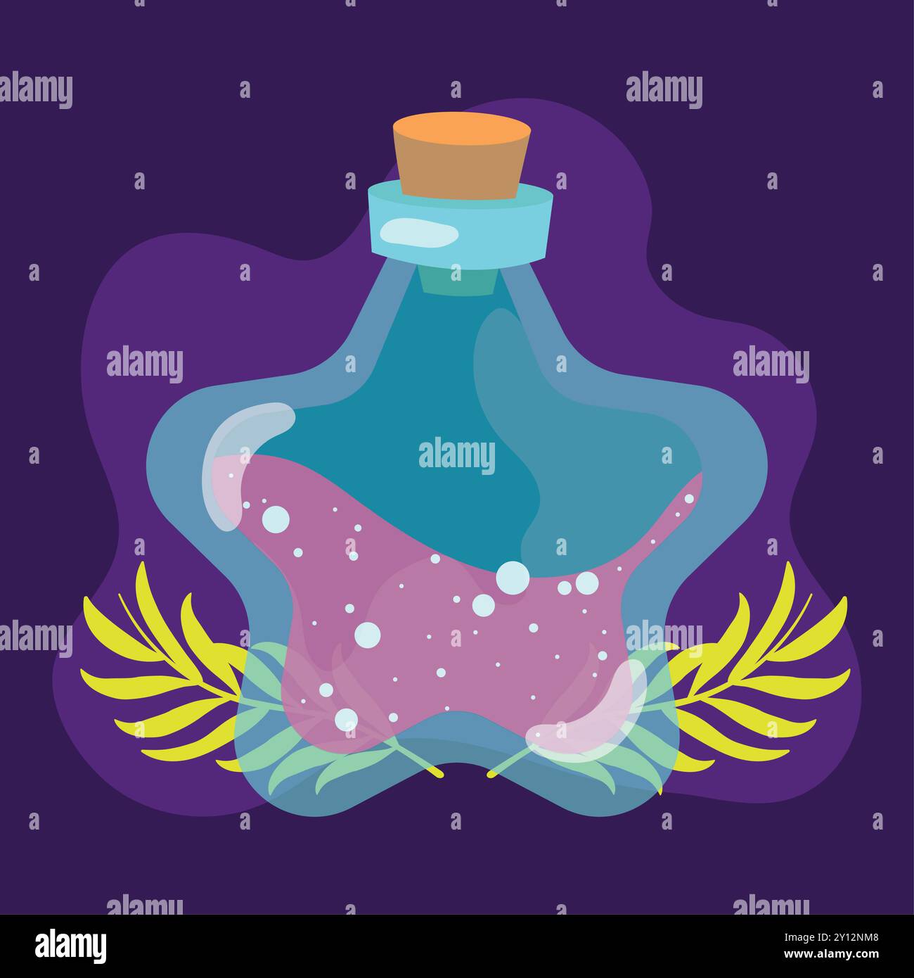 Potion bottle with glowing liquid on purple background Vector Stock ...