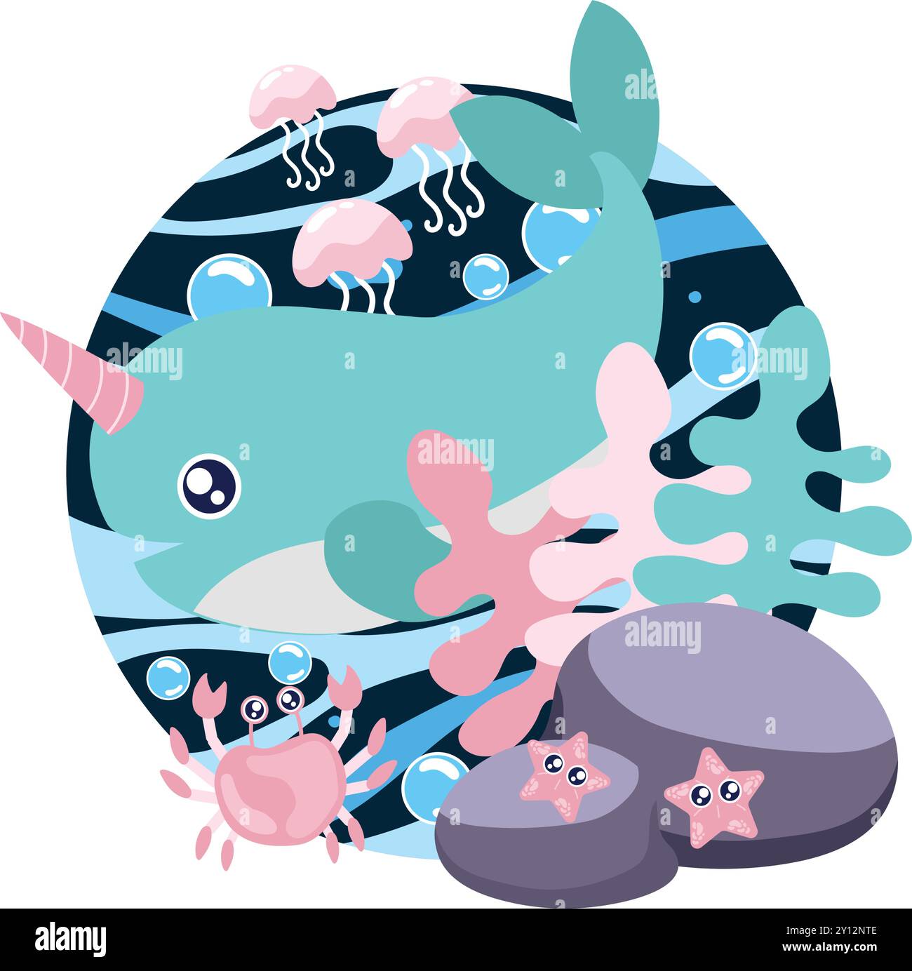 Cute narwhal with sea creatures in ocean scene Vector Stock Vector ...