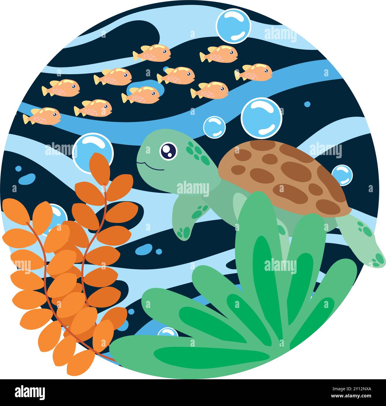 Cute turtle with sea creatures in ocean scene Vector Stock Vector Image ...