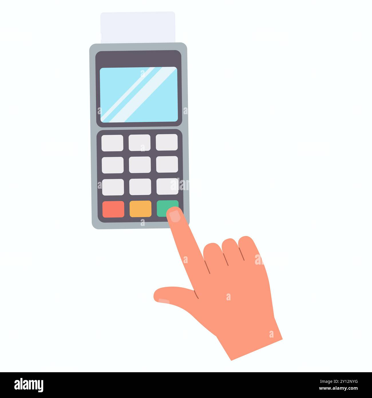 Hand pressing button. Bank terminal. Contactless payment. Vector illustration in flat style ...