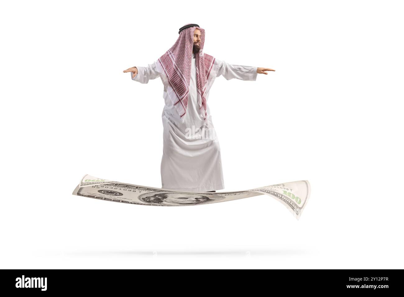 Saudi arab man flying on a banknote isolated on white background Stock ...