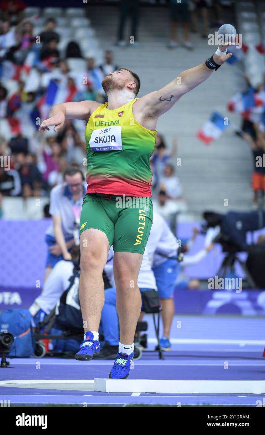 Andrius Skuja of Lithuania competing in the men’s F46 shot put final at ...